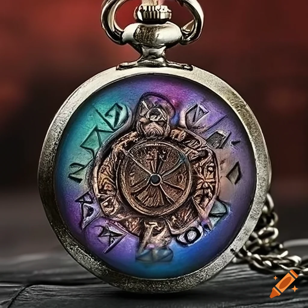 Enchanted magic runes pocket watch in a fantasy setting on Craiyon