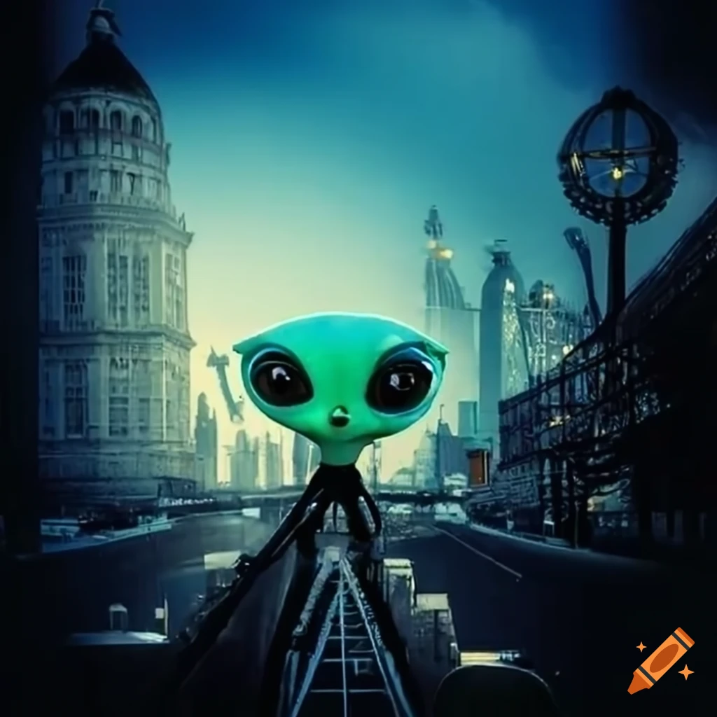 Cute alien flying on a wheel over london cityscape on Craiyon