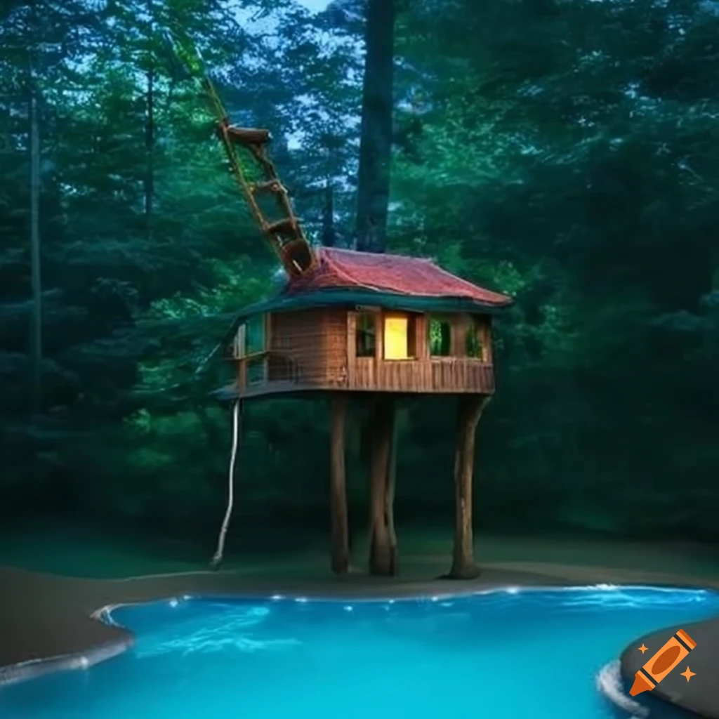 Treehouse with lights and swimming pool on Craiyon