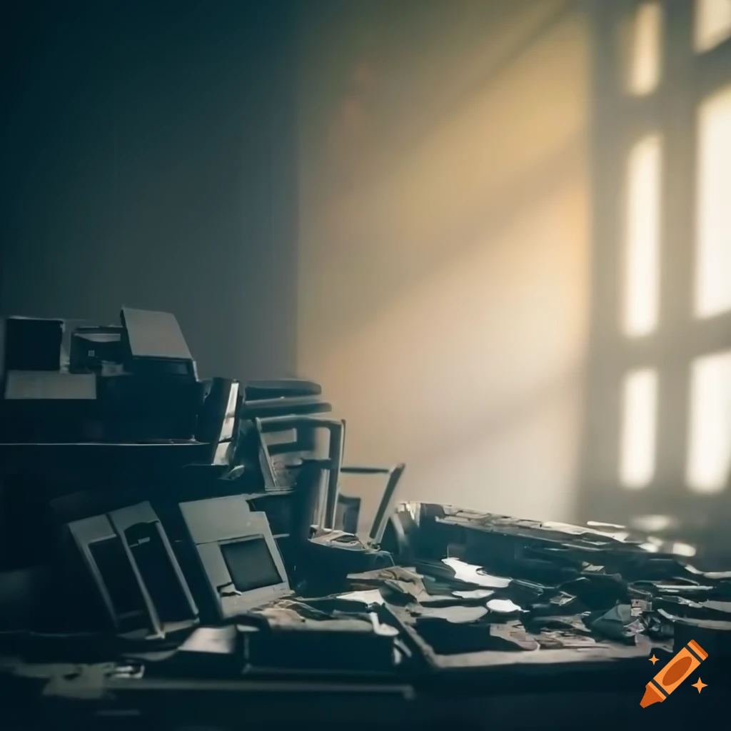 Pile of broken computer parts in a foggy abandoned building on Craiyon