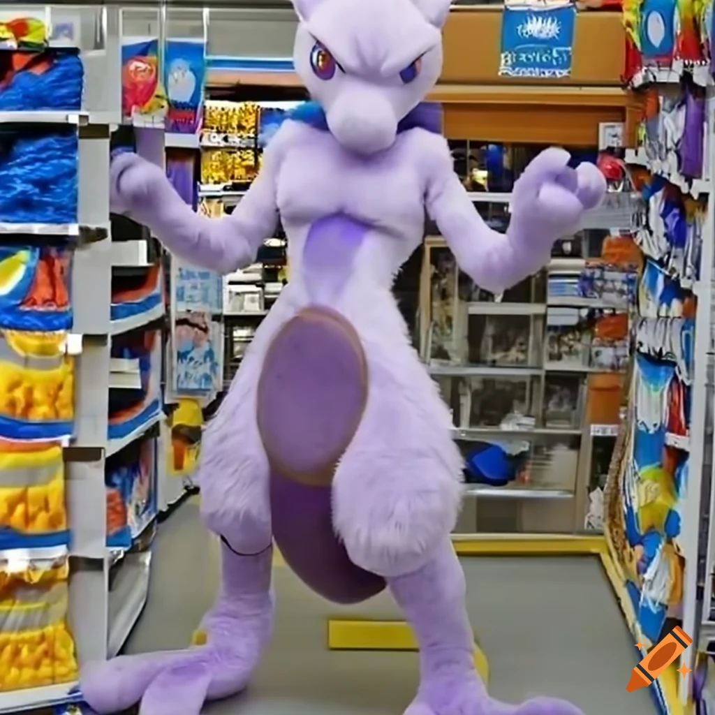 Detail of male employee wearing full body Mewtwo fursuit costume on Craiyon