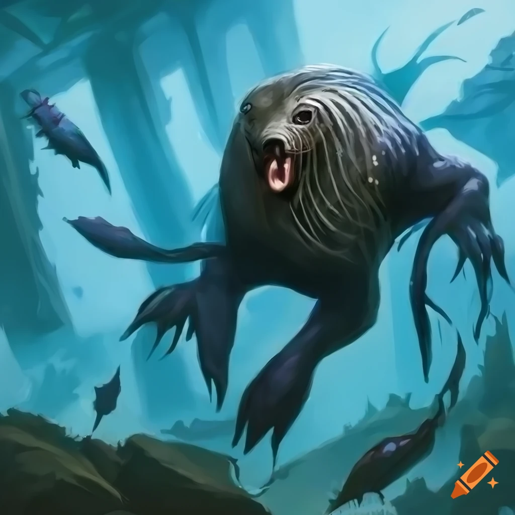 Striped sea lion beast in dynamic magical scene on Craiyon