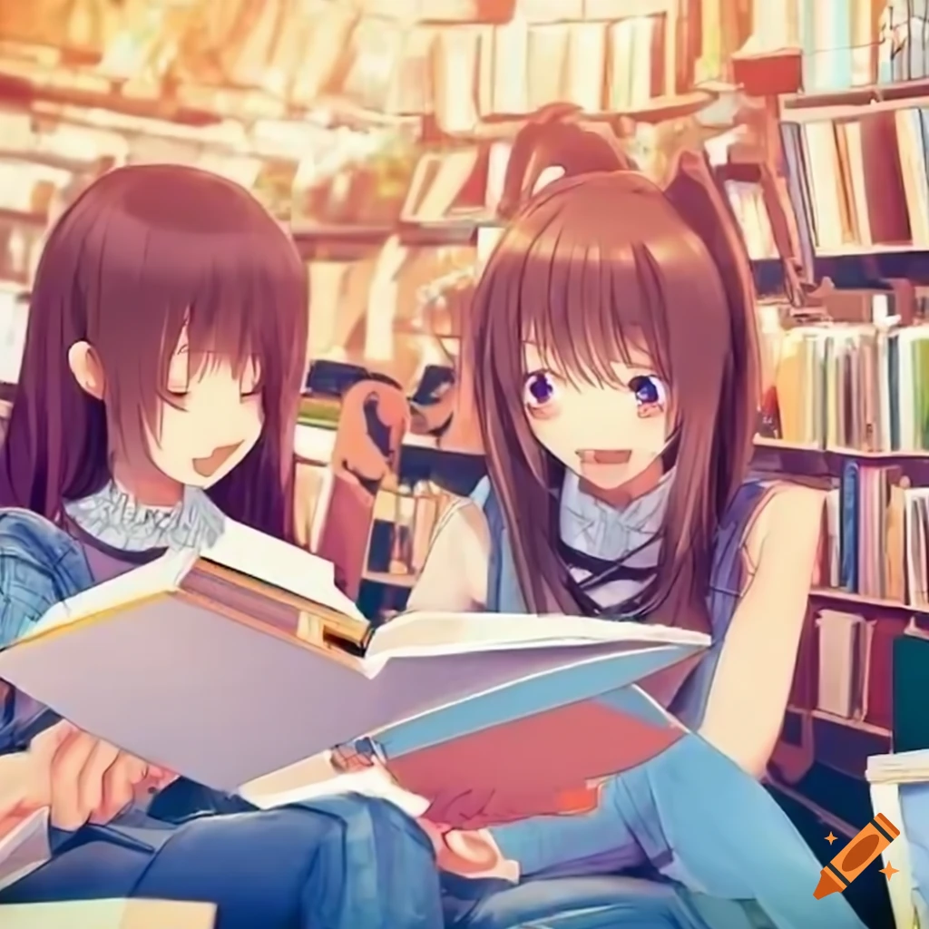 Cheerful Anime girls studying together at an outdoor book market on Craiyon