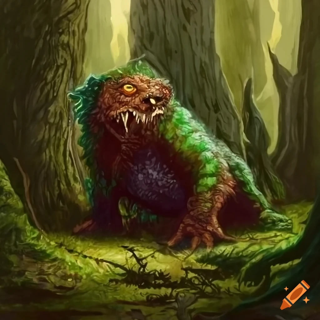 Small leathery beast in a forest setting from MTG fantasy art on Craiyon