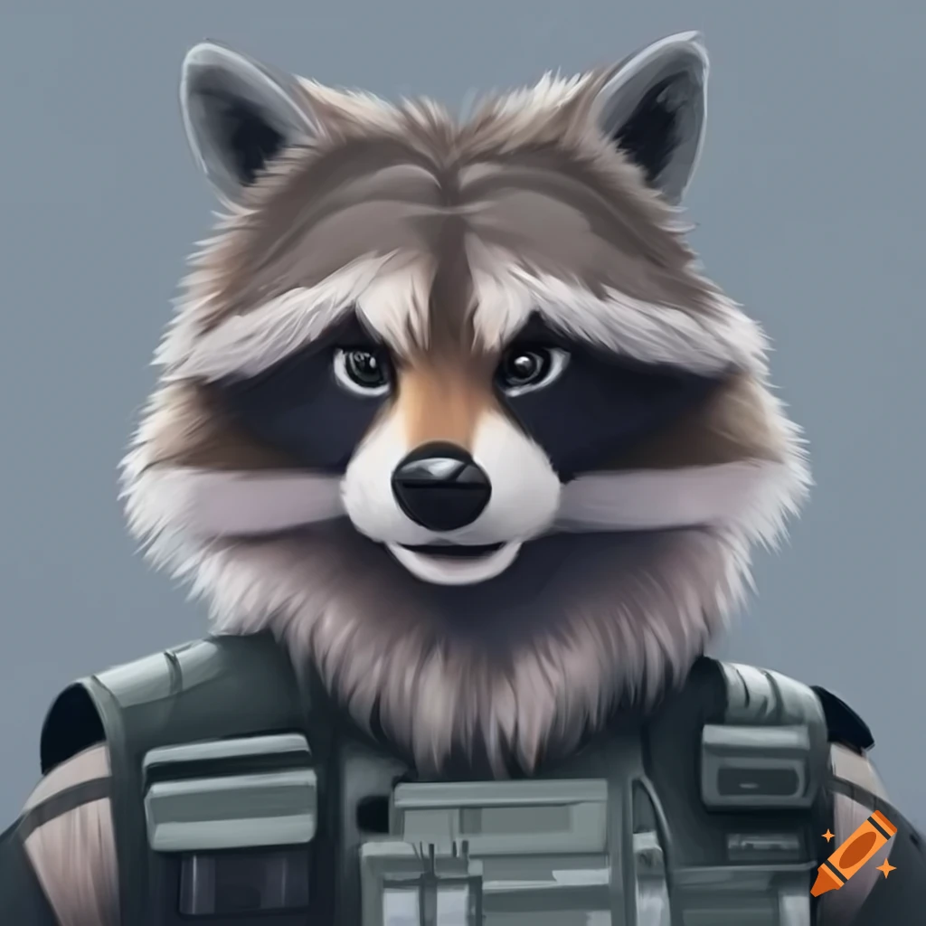 Portrait of a strong male anthro raccoon in modern tactical body armor ...