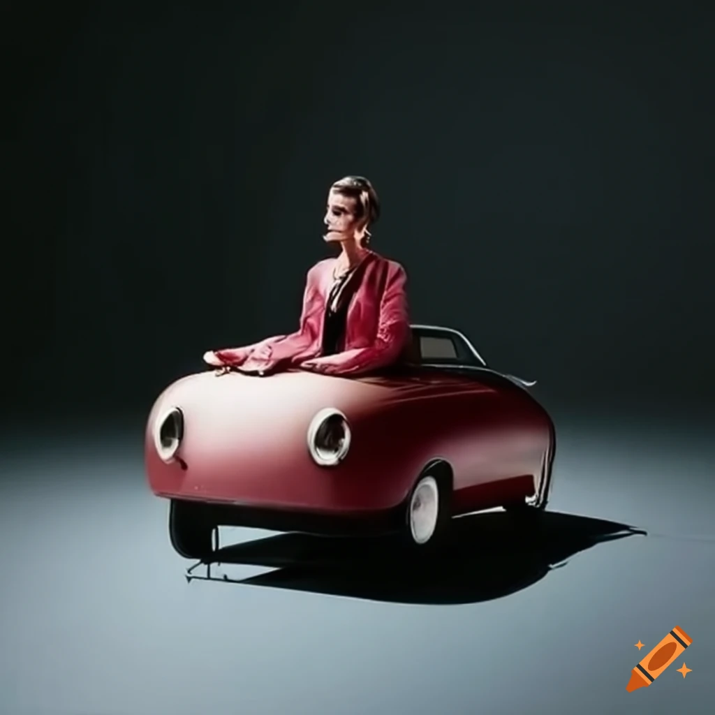 Audrey hepburn in a retro futuristic homemade car on Craiyon