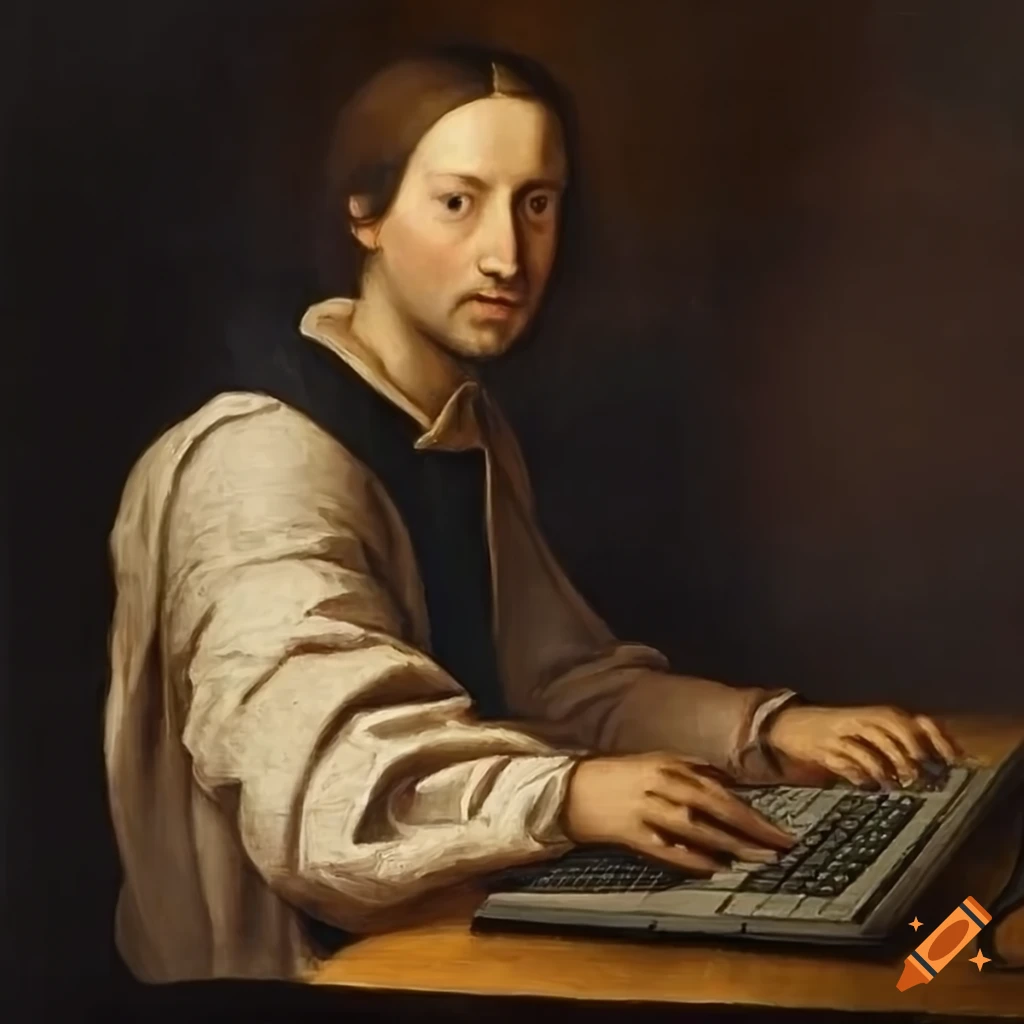 Male figure using a computer in a renaissance painting on Craiyon