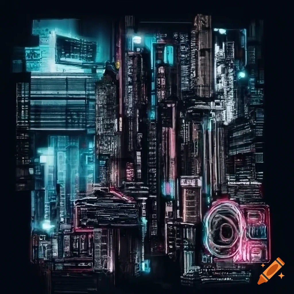 Cyberpunk cityscape with pipes, gears, and electronic circuits in ...