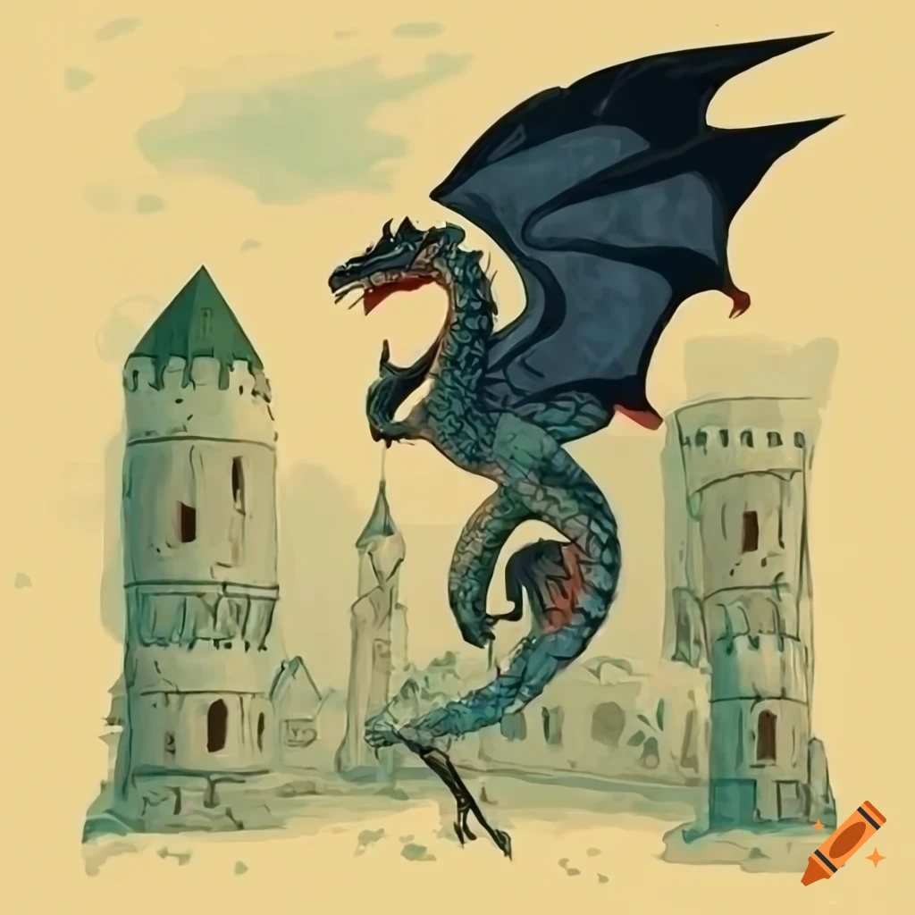 Young knight riding a dark dragon over a field of statues towards a ...