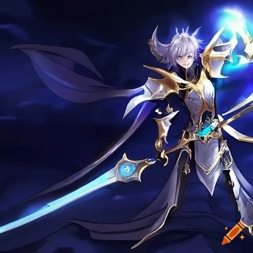 Celestial knight with light-infused weapons in anime style on Craiyon