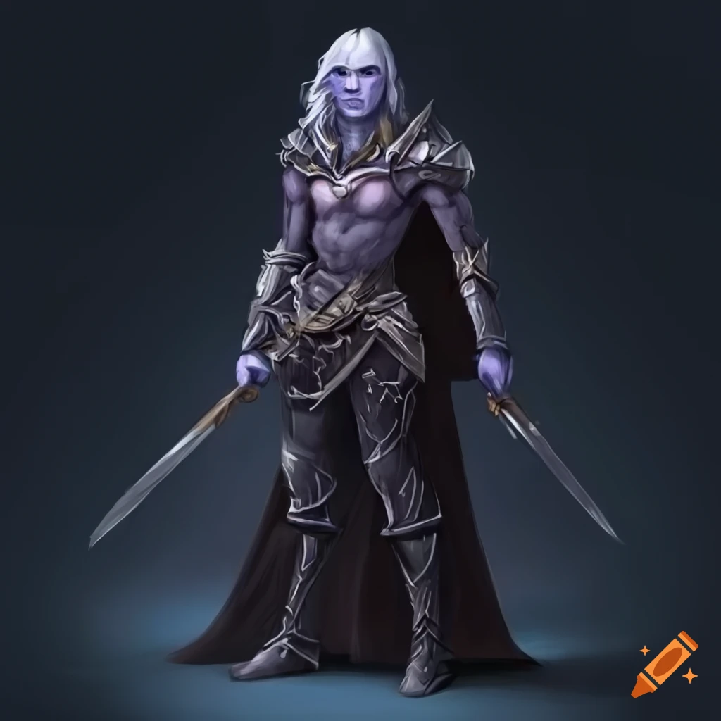 Male drow elf holding two swords in a fantasy setting on Craiyon