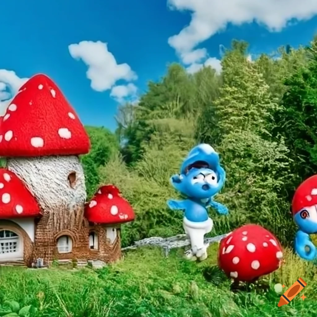 Colorful Smurfs in a lively village scene with mushroom houses on Craiyon