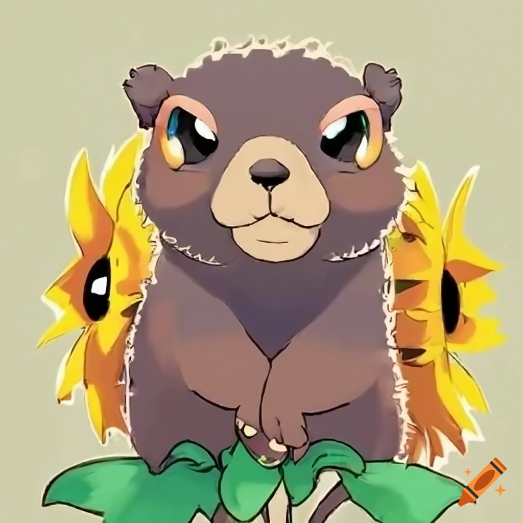 Pokemon-style groundhog with big eyes, looking shy and offering a ...