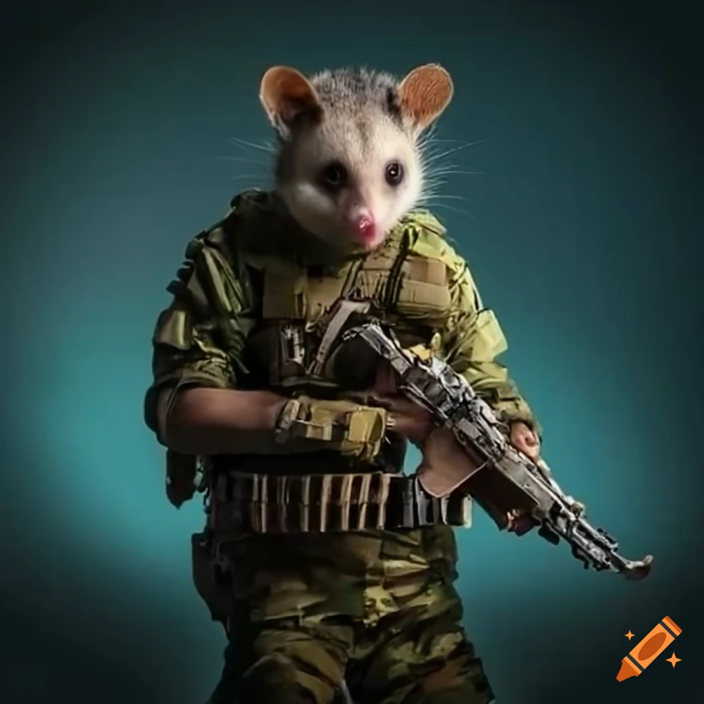 Muscular possum in military tactical gear ready for action on Craiyon