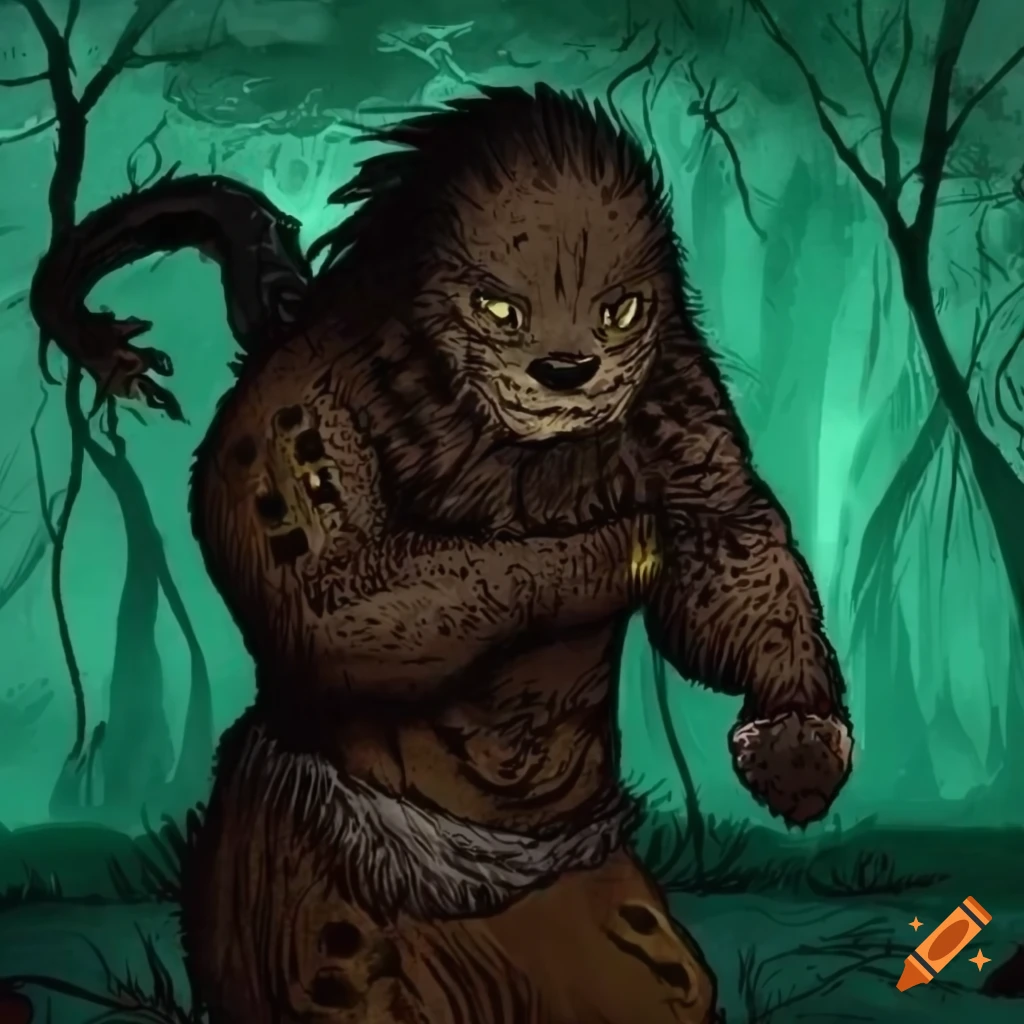 Kushtaka, the otter-man trickster in a dark forest in comic style on ...