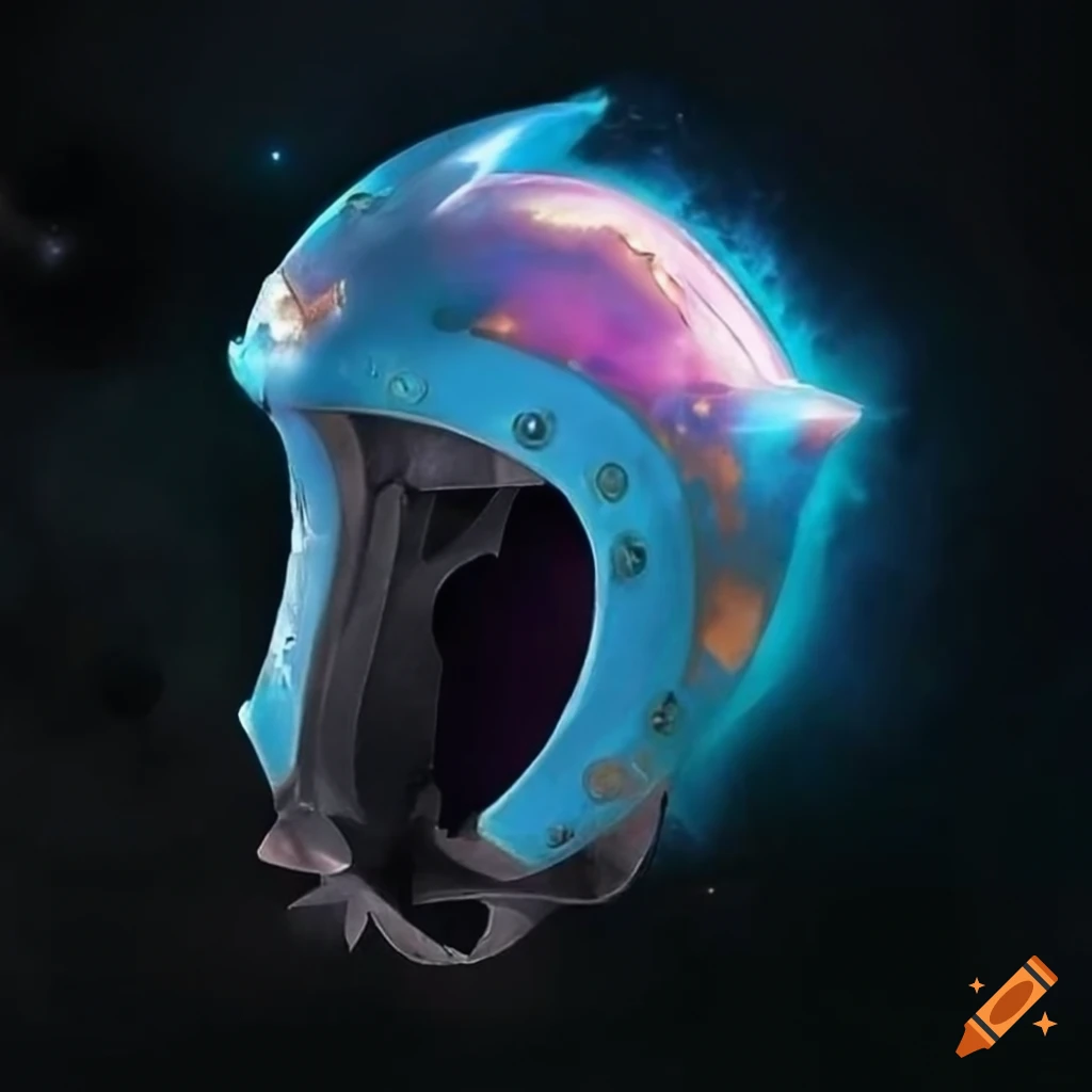 Front view of a detailed open helm in a magical fantasy setting on Craiyon