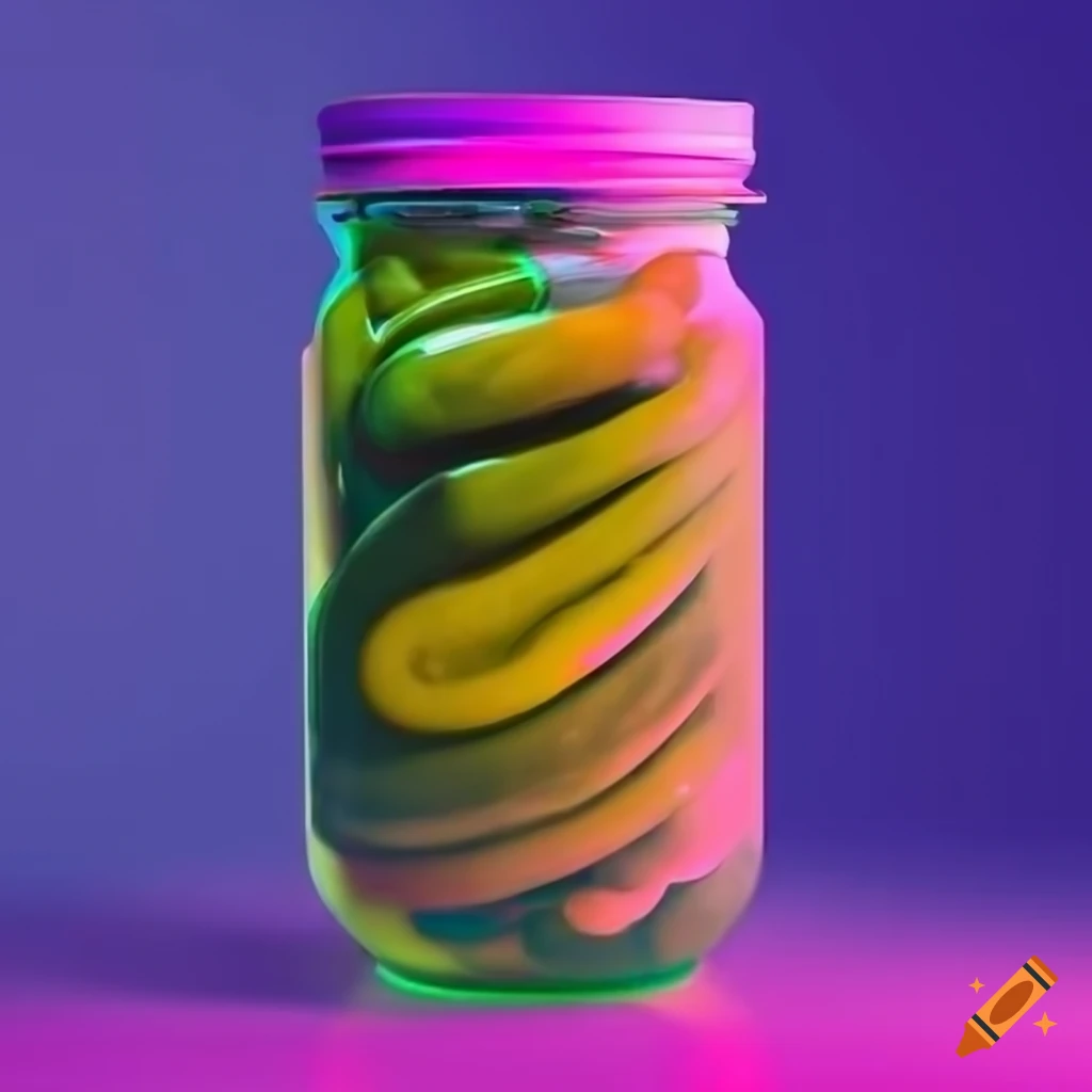 Pickles in a neon-colored jar with a futuristic design on Craiyon