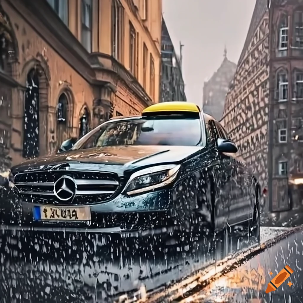 Mercedes benz taxi driving through rain in a german city on Craiyon
