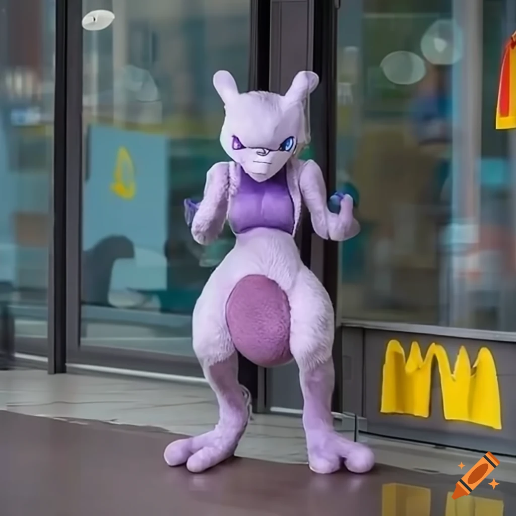 Female employee wearing full body mewtwo fursuit at mcdonalds on Craiyon