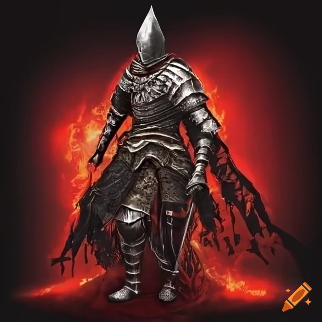 Dark souls knight with a red aura against a black background on Craiyon