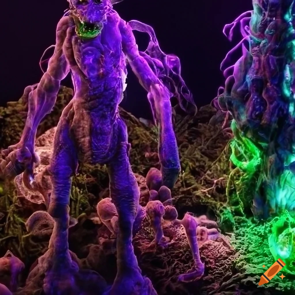 Glowing biopunk cityscape with mutant omega mart lemon fruit monsters ...