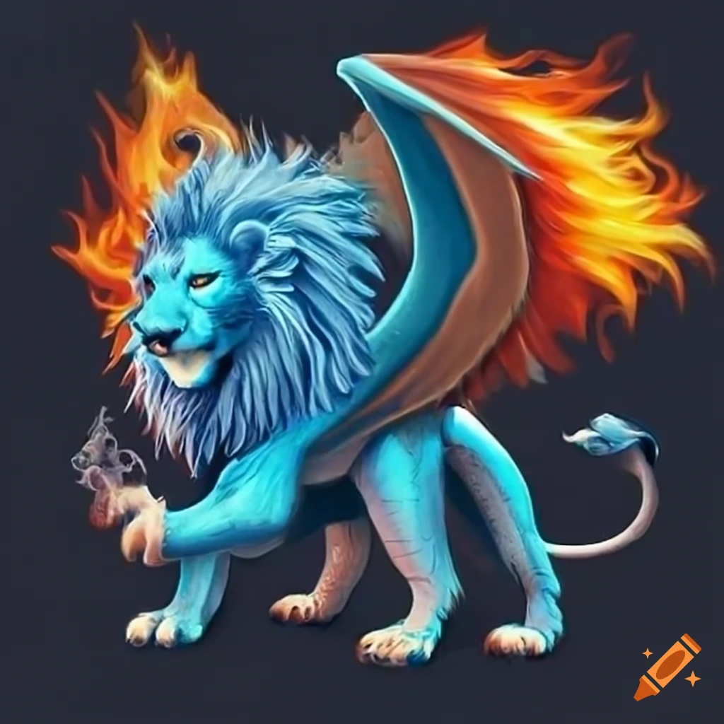Blue lion with fiery wings on Craiyon