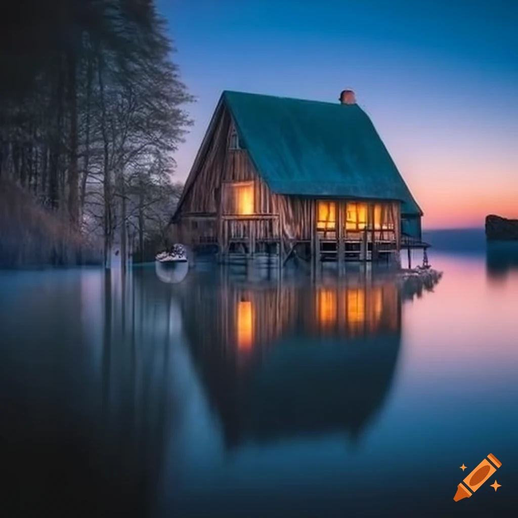 Medium sized cottage on an island in a lake at twilight on Craiyon