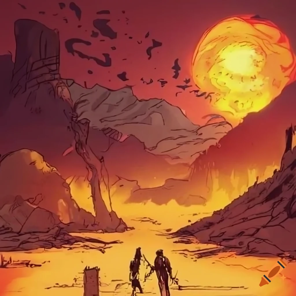 Apocalyptic desert scene comic book style on Craiyon