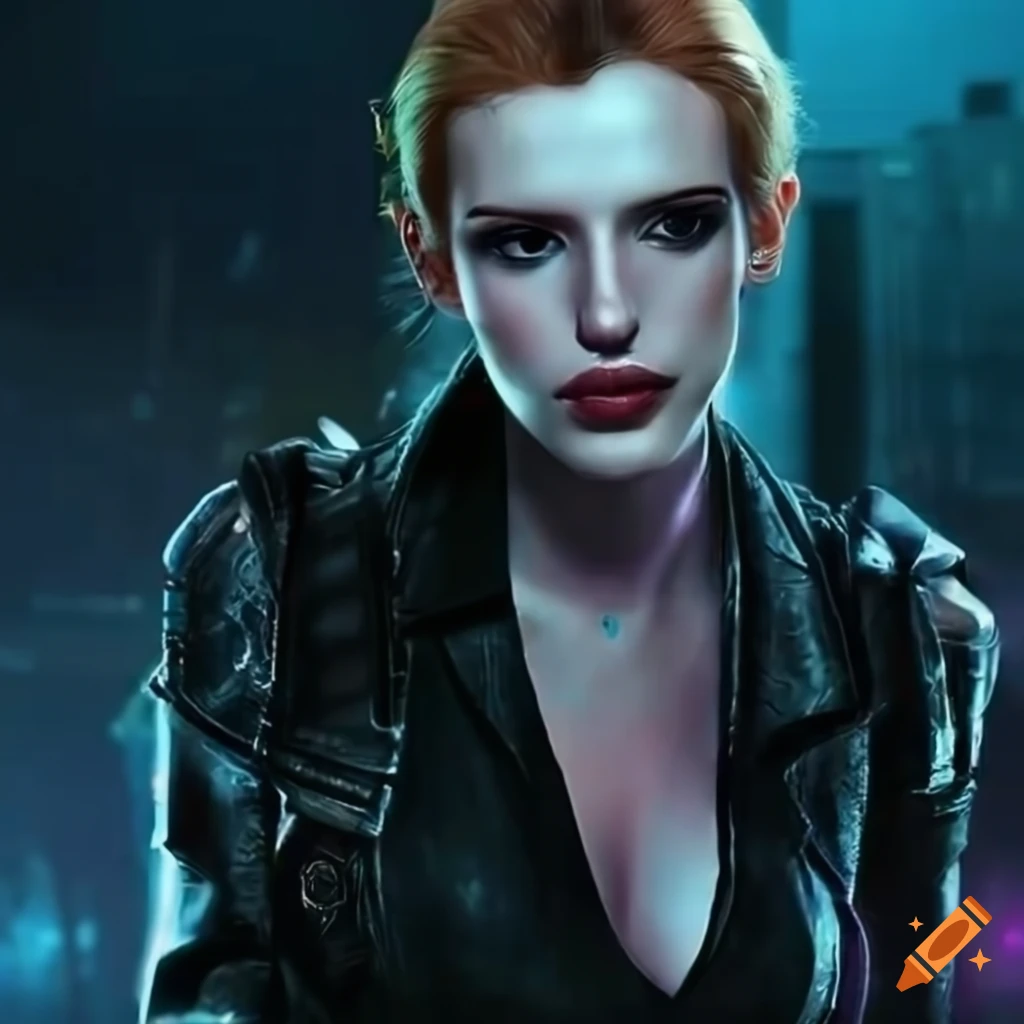 Cyberpunk vampire hunter Bella Thorne in a Matrix-inspired scene on Craiyon