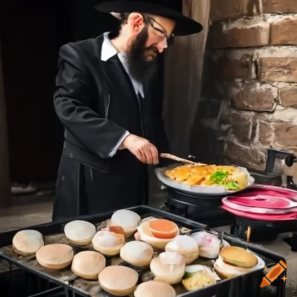 Israeli Rabbi cooking traditional dishes on a portable outdoor propane ...
