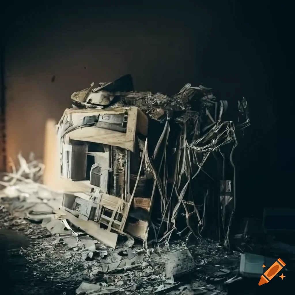 Pile of broken computer parts and machinery covered in dust in an ...