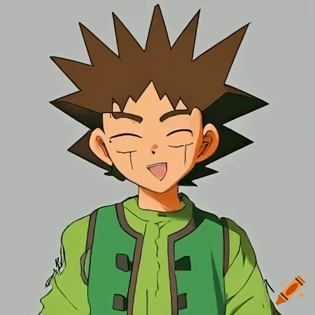 Brock from pokemon with eyes closed in green attire on Craiyon