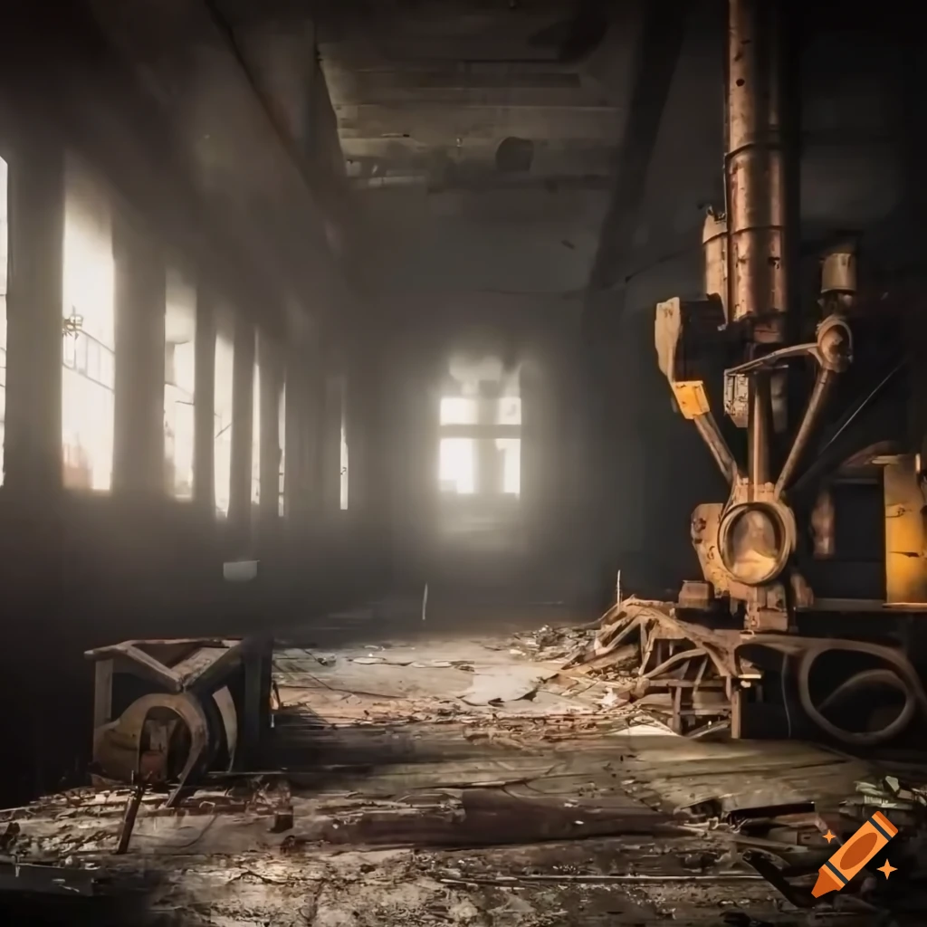 Interior of a bright, foggy abandoned factory with old machines on Craiyon