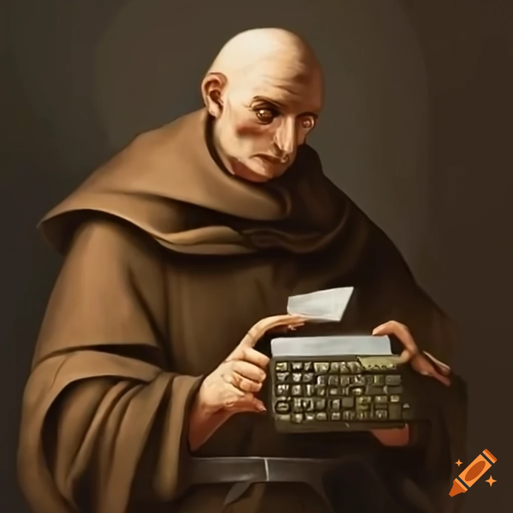Franciscan monk contemplating with a calculator and cross in hand at ...