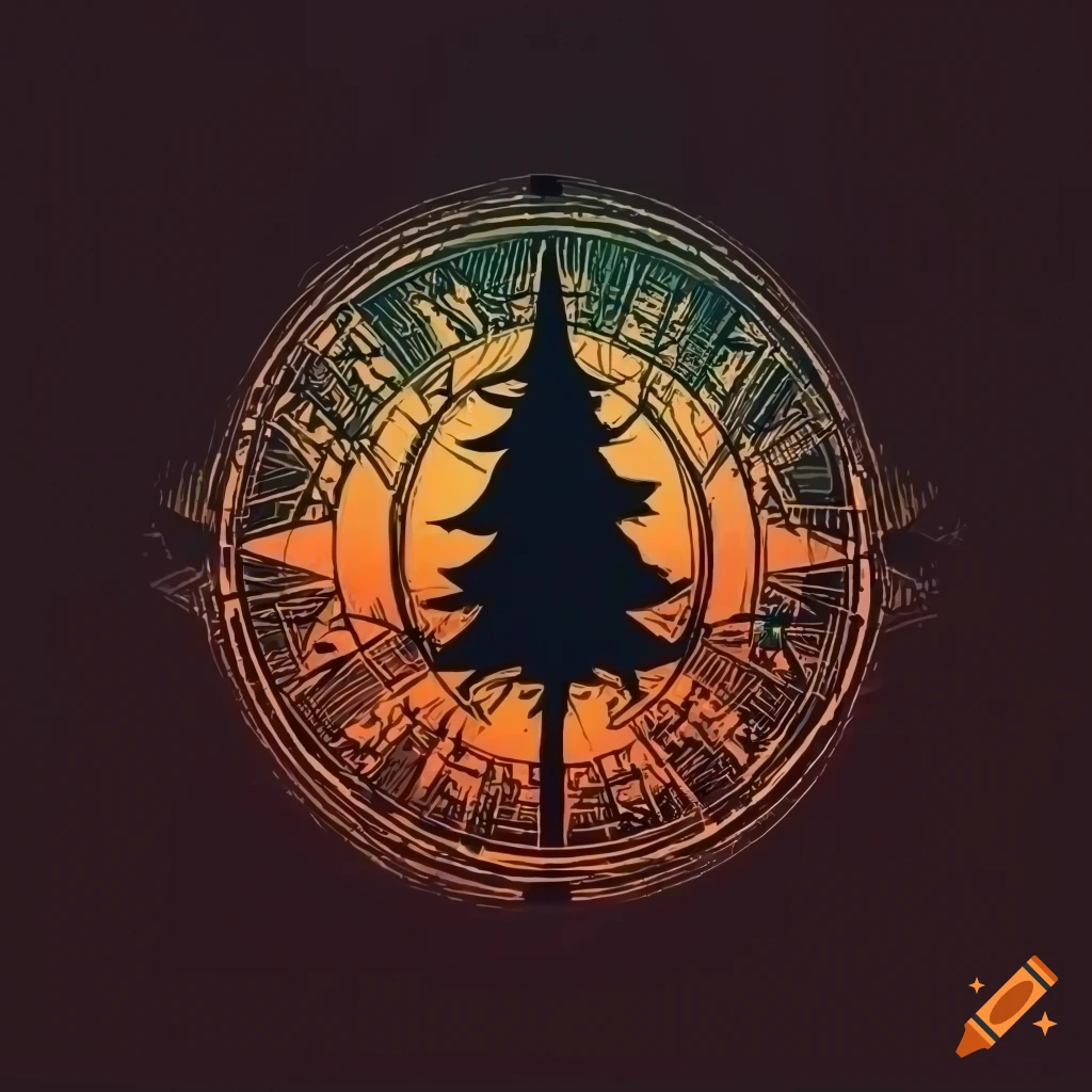 Serene compass with pine tree silhouettes in vector art on Craiyon