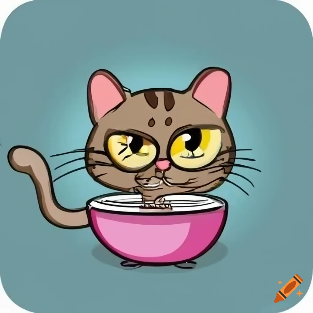 Cat in soup bowl with 2010 cartoon style on Craiyon
