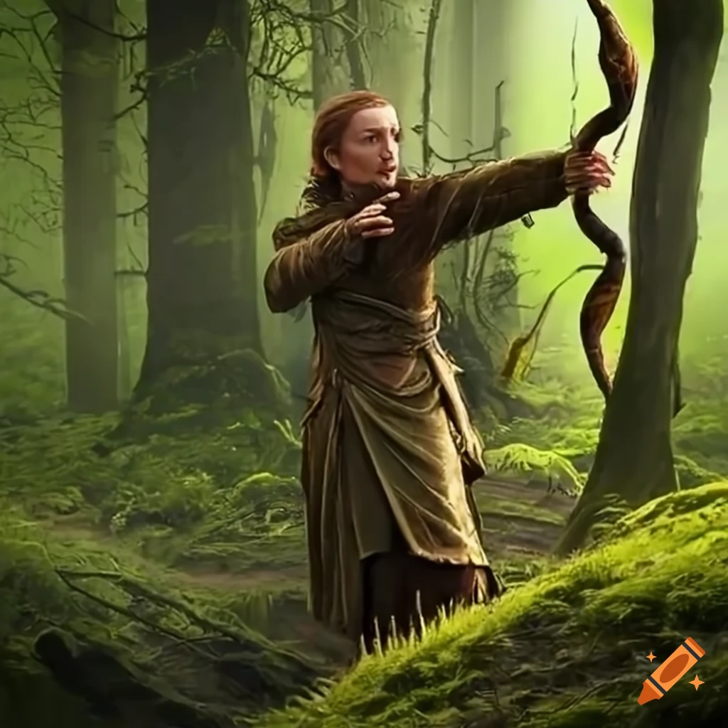 Nimble hobbit archer aiming in a mystical forest on Craiyon