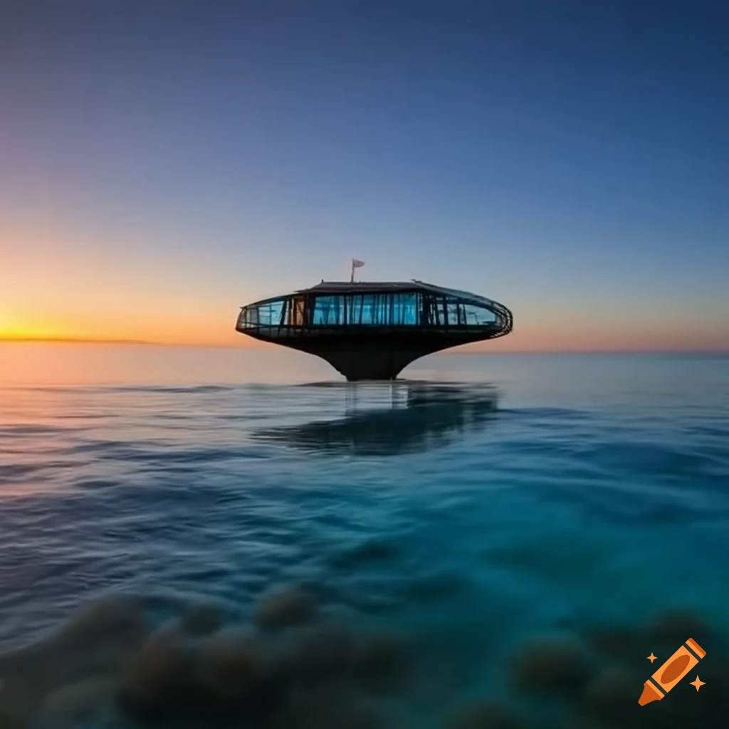 Futuristic floating laboratory in New Caledonia's lagoon at sunrise on ...