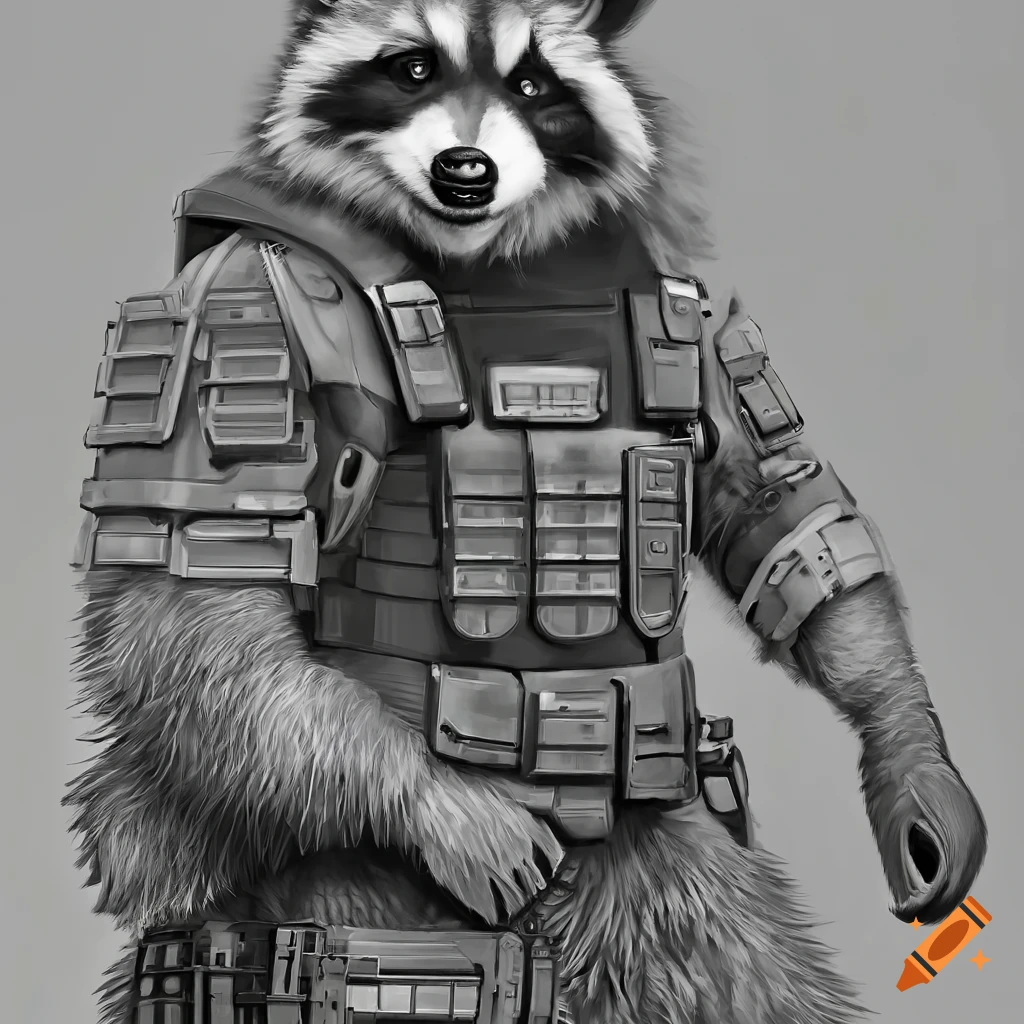 Portrait of a strong male anthro raccoon in modern tactical armor on ...