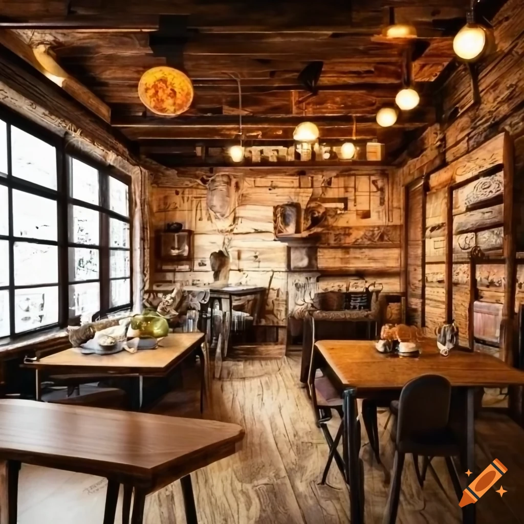 Cozy rustic café space with wooden furniture and vintage boardgame art ...
