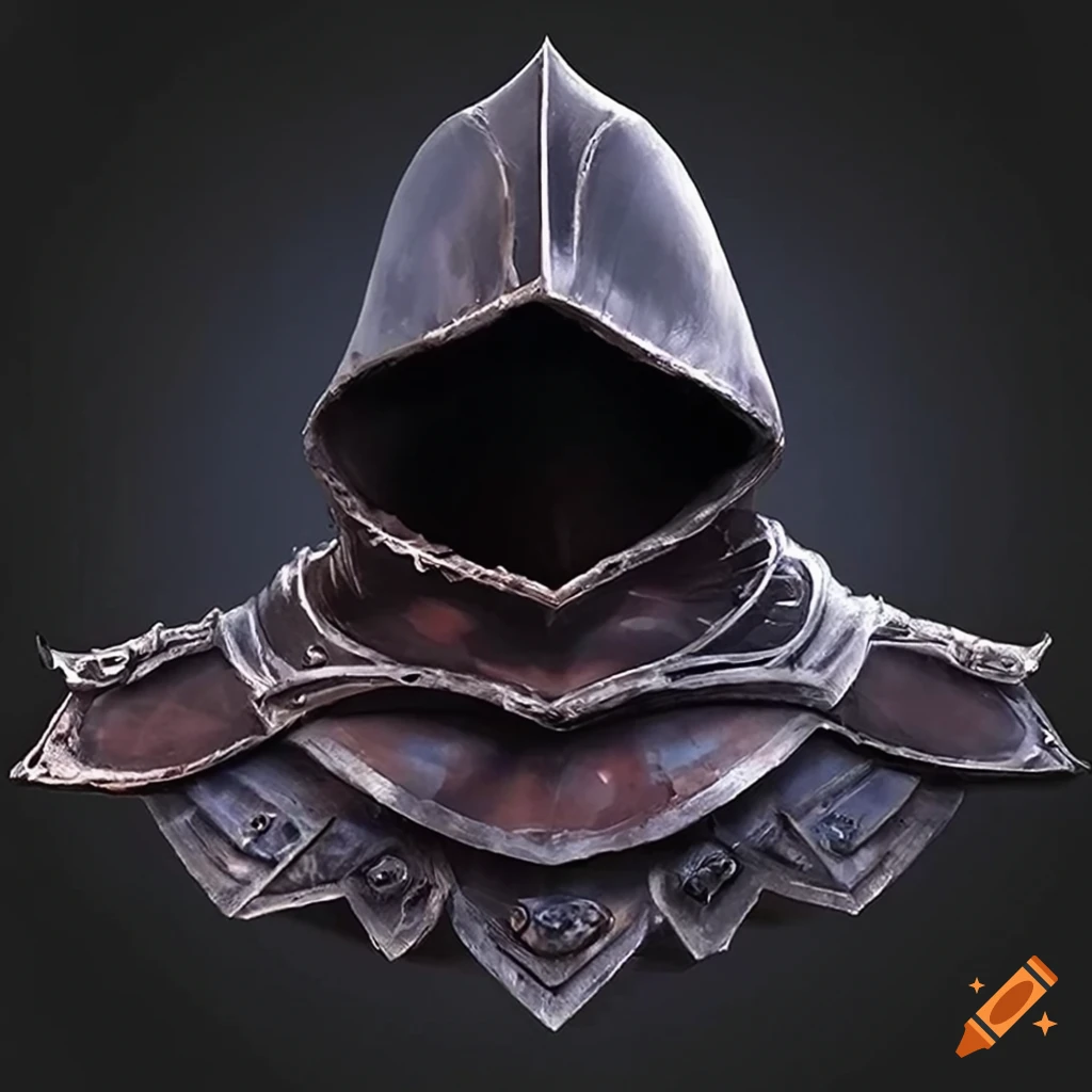 Front view of a detailed legendary empty cowl in medieval style on Craiyon