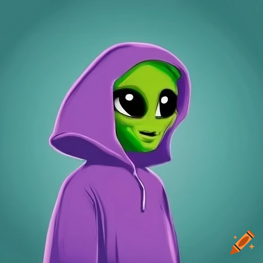 Green cartoon alien in a purple hoodie with sky background on Craiyon