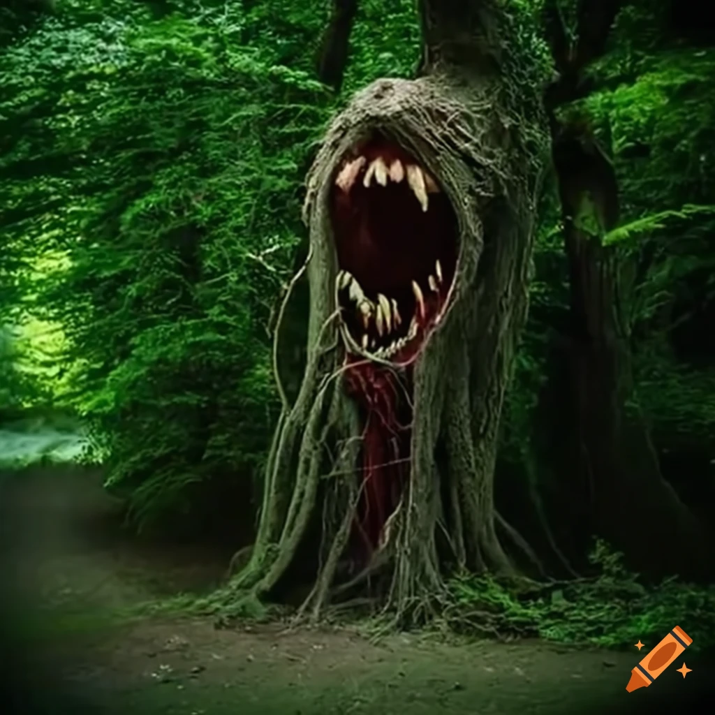 Giant tree vine monster clump in a horror scene on Craiyon