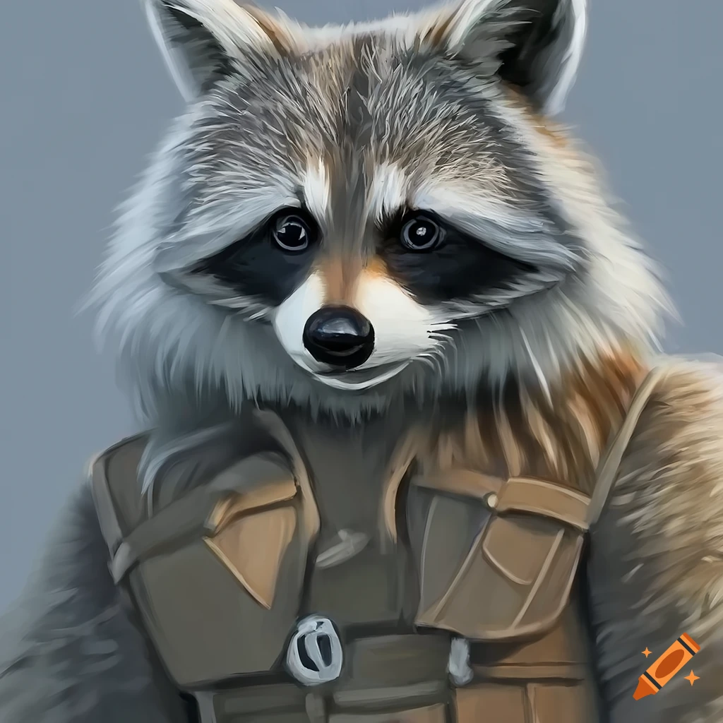 Strong anthro furry raccoon in military para-aramid body armor on Craiyon