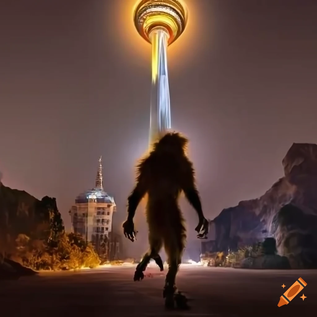 Werewolf walking in tehran at night with milad tower in the background ...