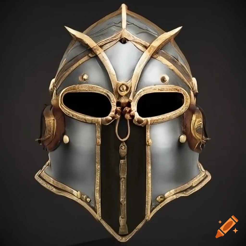 Detailed front view of mythic fantasy open helmet in medieval steampunk ...