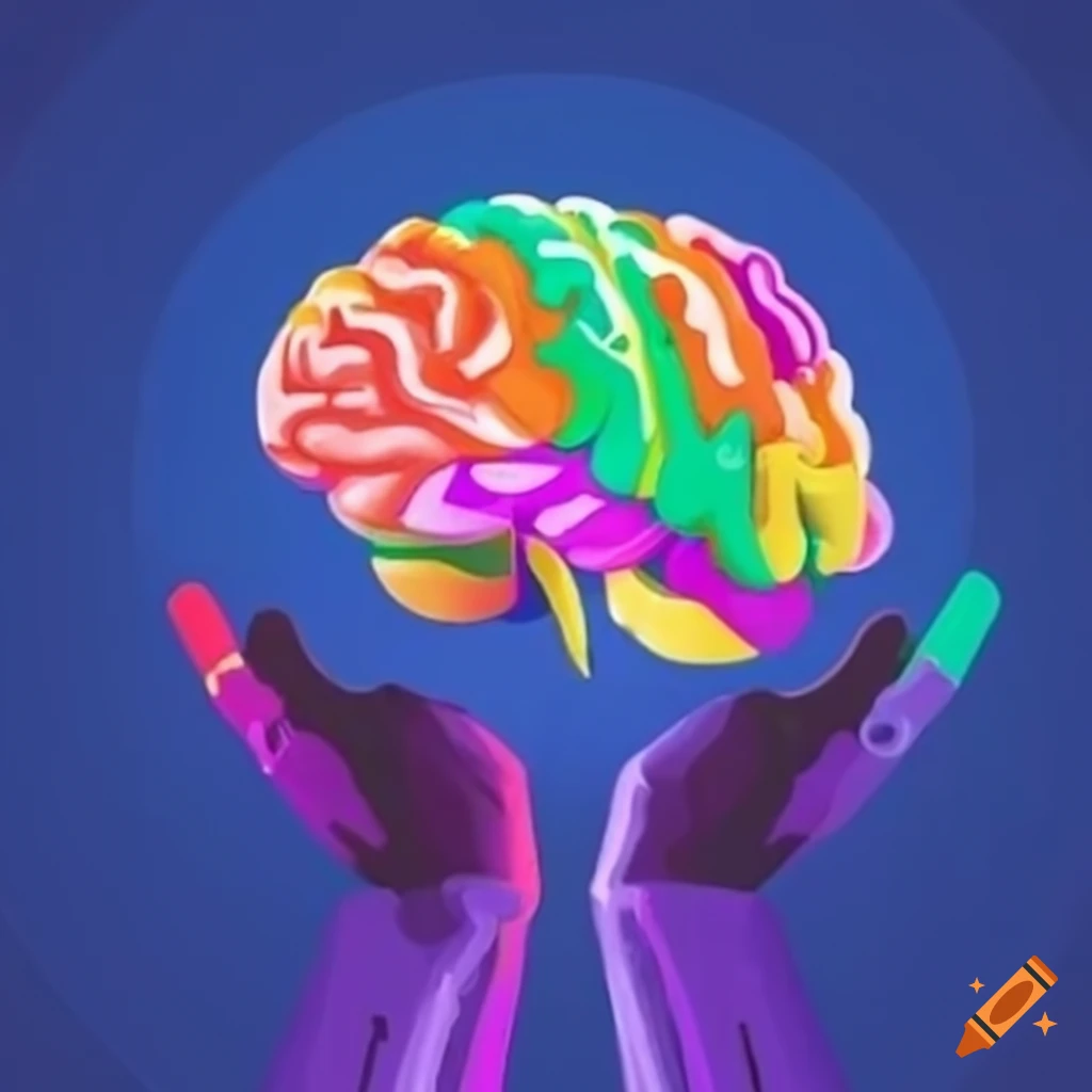 Colorful brain held in hands on Craiyon