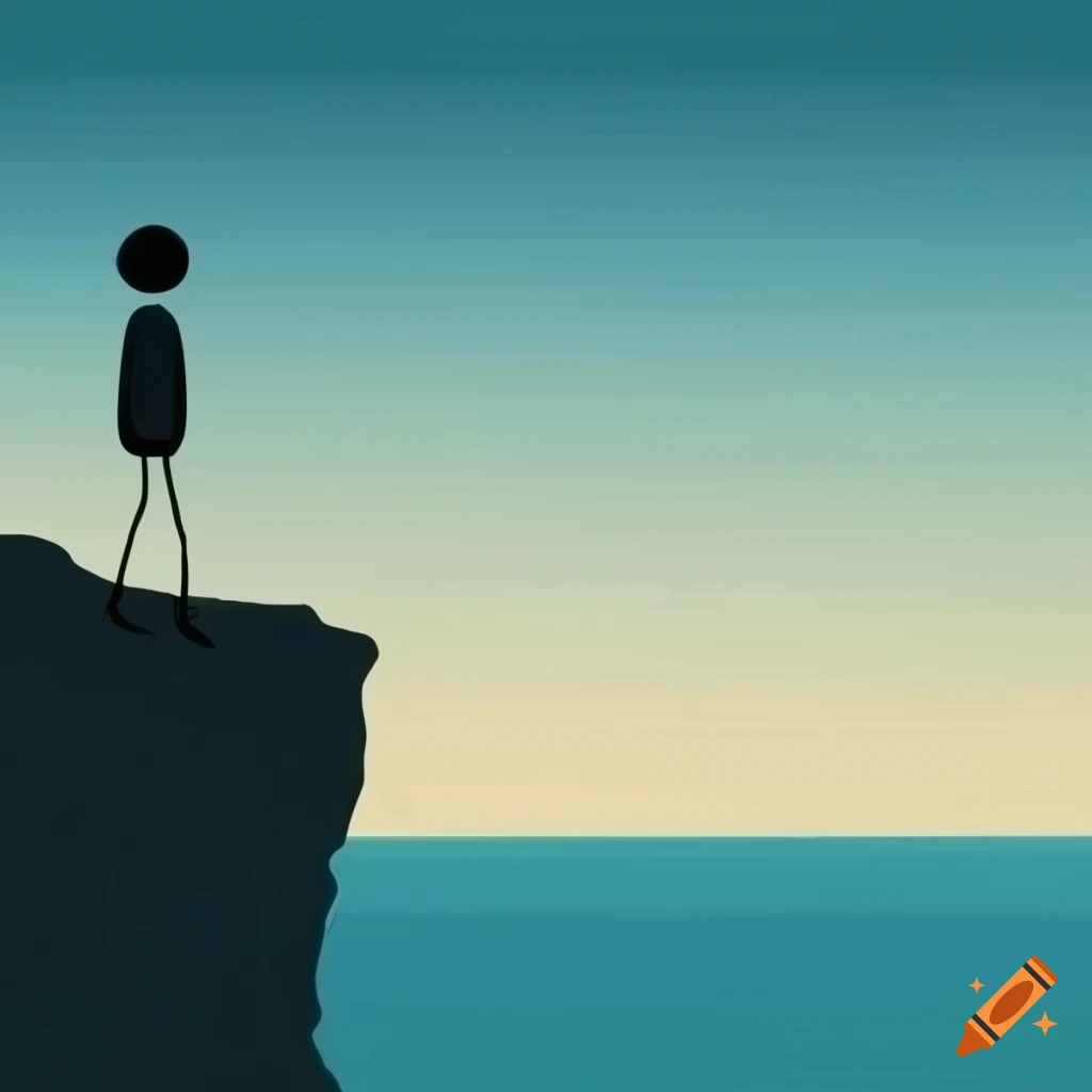 Stick figure person standing on a cliff edge on Craiyon