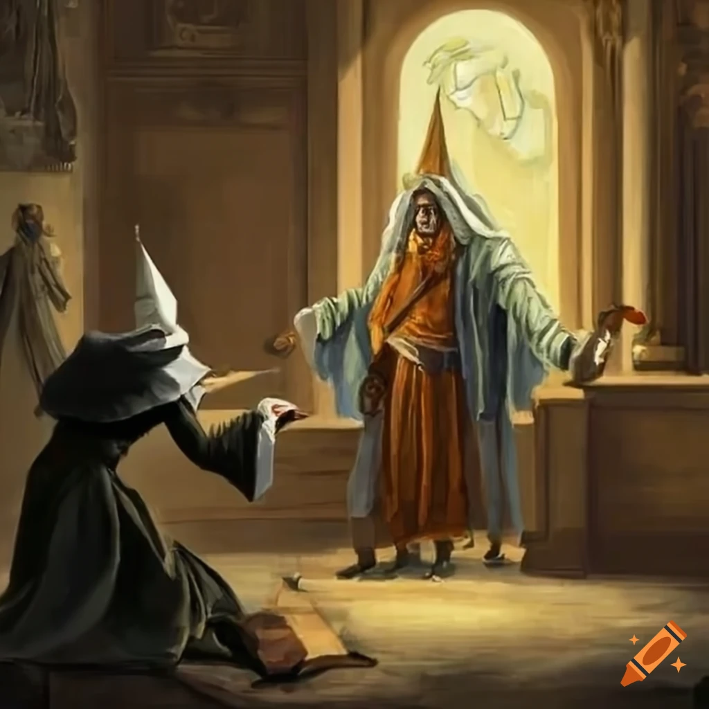 Scene of a wise wizard on trial in a court on Craiyon