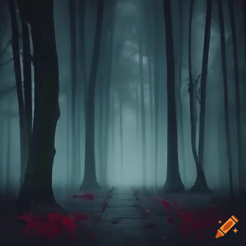 Woods with red roses under dark clouds and vibrant colors on Craiyon